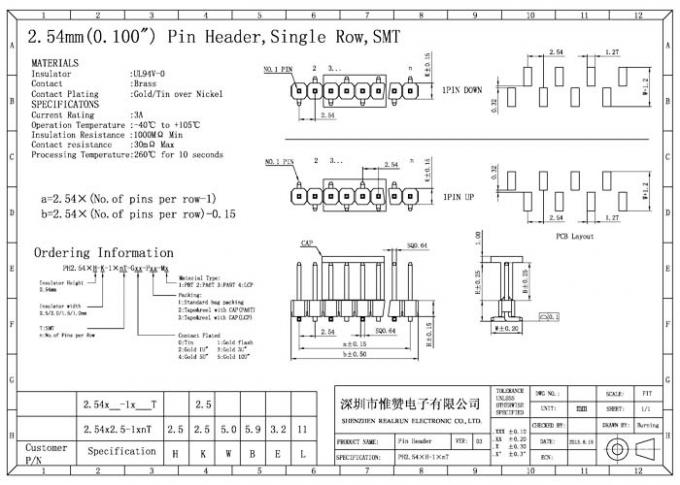 Au Over Ni SMT Pin Header Oxidation Resistance 2 Pin Single Row PA6T