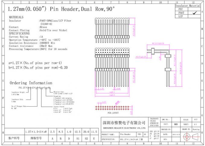 Black 8 Pin Header Connector 1.27mm Two Row Right Angle Type Three Plastic