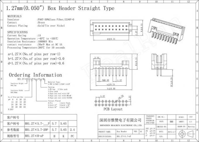 20 Pin Box Header Connector Straight Pcb Connectors Wire To Board 1.27mm