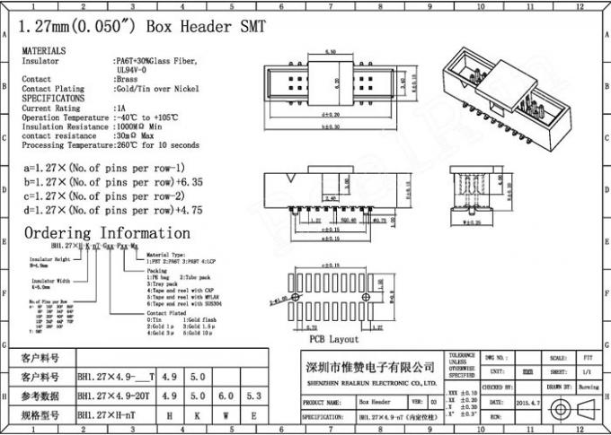 SMT CAP Type Box Header Connector 1.27mm Pitch Gold Flash Contact Plating