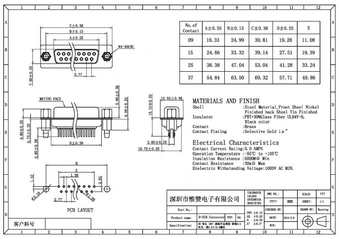 9 Pin DB D SUB Circuit Board Pin Connectors Double Row Black PBT Material